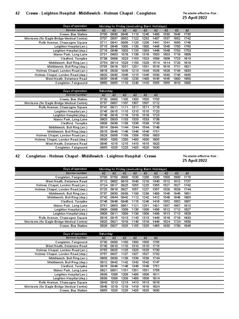 Crewe to Congleton via Leighton Hospital and Middlewich - Bus Route 42 ...