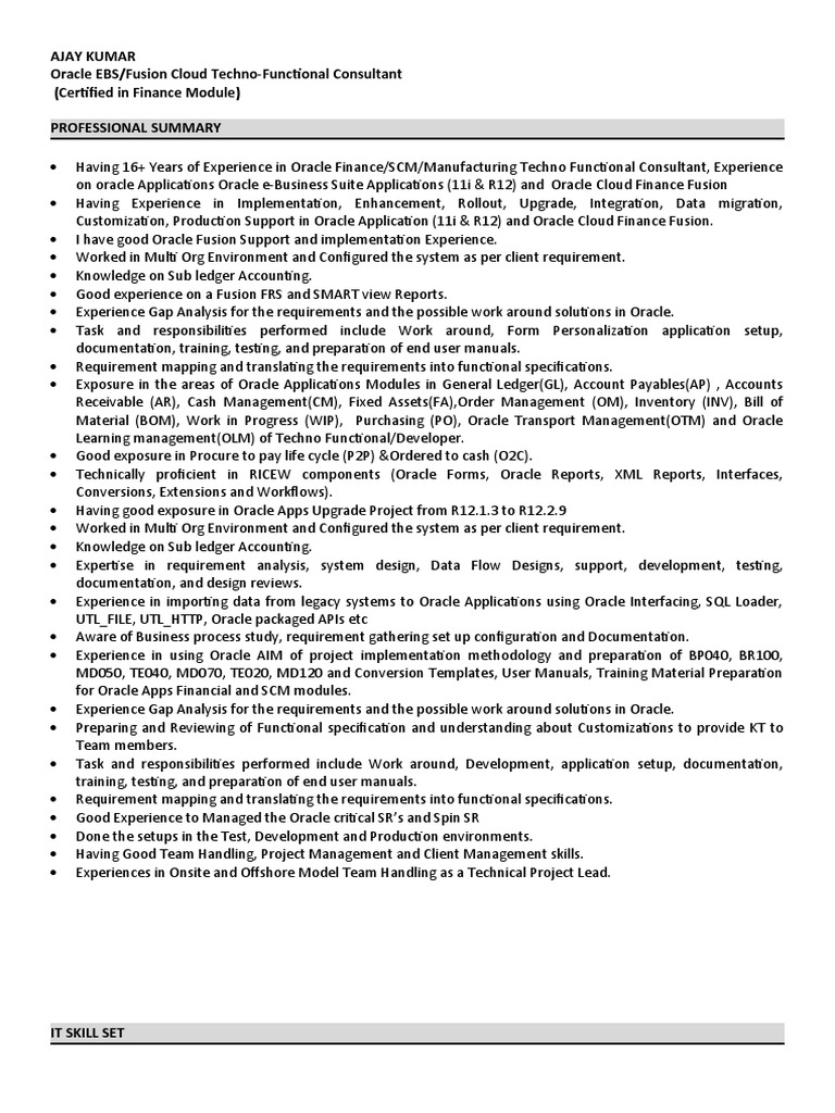 Oracle EBS/Fusion Techno-Functional Consultant Resume | PDF | Accounts Payable | Pl/Sql