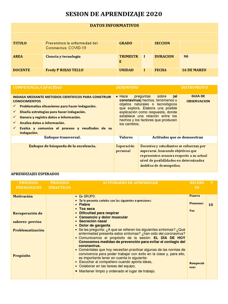 Sesion de Aprendizaje 2020: Datos Informativos | PDF | Evaluación | Aprendizaje
