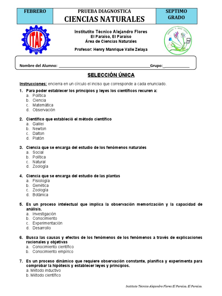 Prueba Diagnostica Ciencias Naturales Profe. Manrique | PDF | Science ...