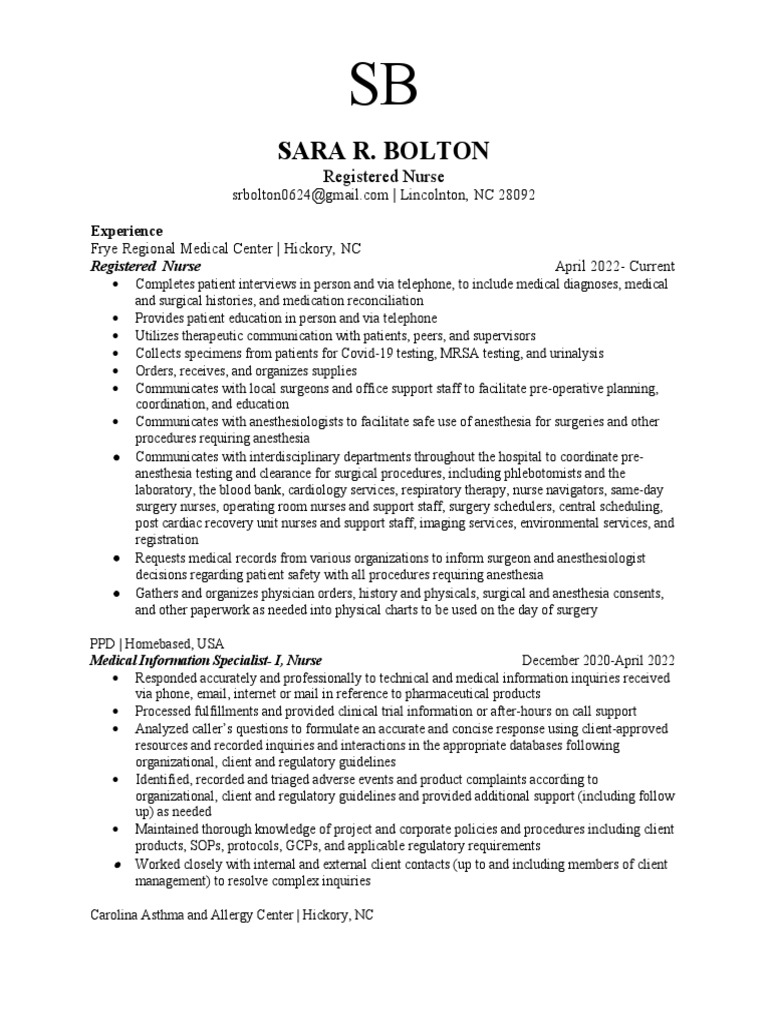 Sara Resume For Portfolio | PDF | Surgery | Nursing