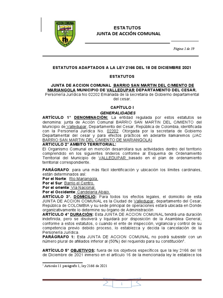 Plantilla Nuevos Estatutos Juntas de Accion Comunal Acorde Ley 2166 de ...