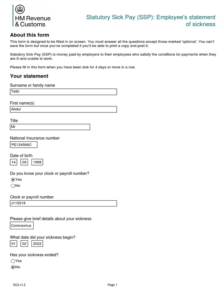 Statutory Sick Pay (SSP) : Employee's Statement of Sickness: About This ...