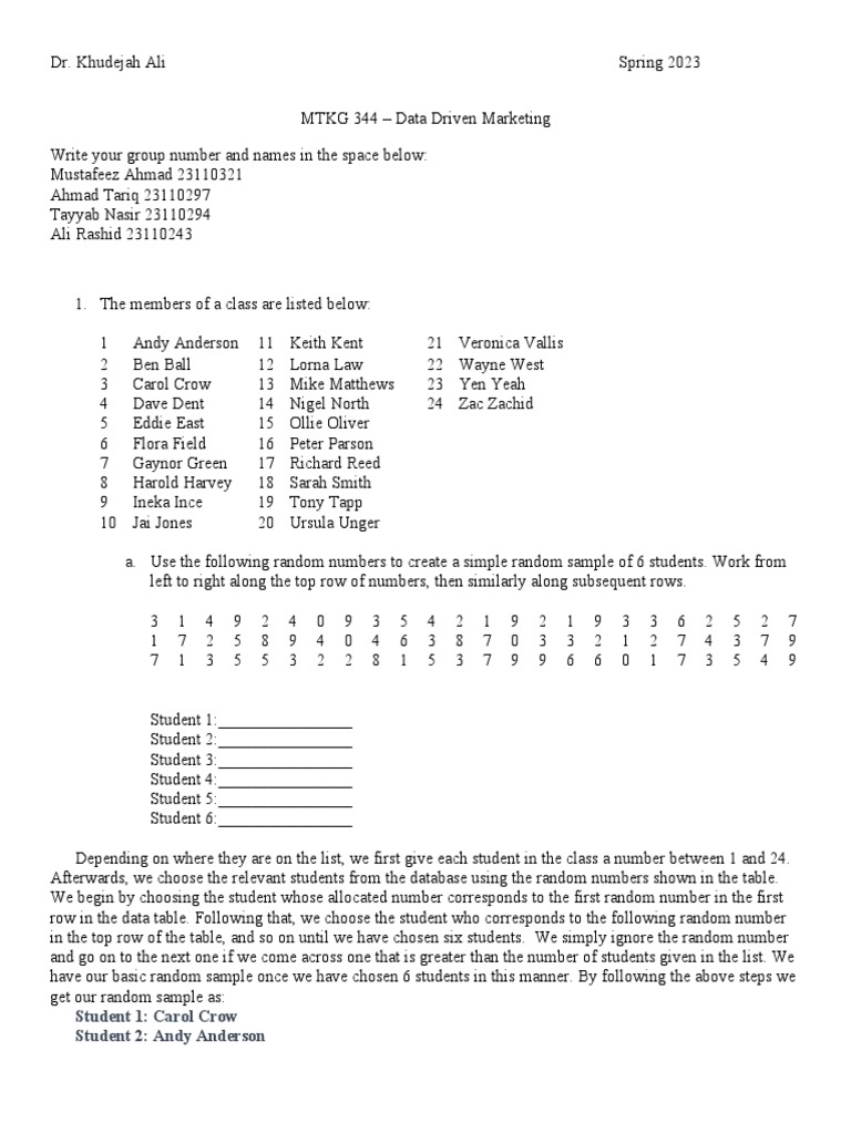 Class Exercise 4 Mktg 344 2 Pdf Sampling Statistics Methodology 