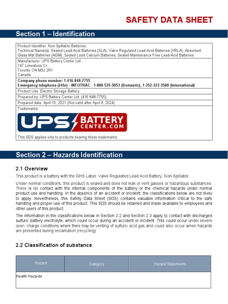 Non-Spillable Battery Safety Data Sheet | PDF | Toxicity | Hazardous Waste