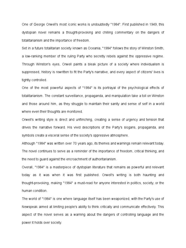 Critique of Orwell's 1984 Masterpiece | PDF | History | General Fiction