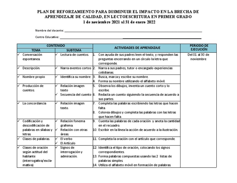 Plan De Reforzamiento Español Primero Pdf Cognición Escritura