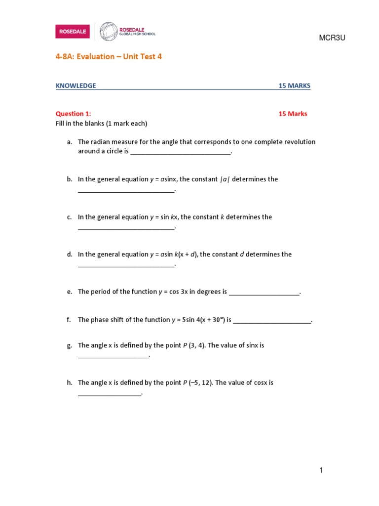 MCR3U Unit 4 Practice Test | PDF | Trigonometric Functions | Mathematics