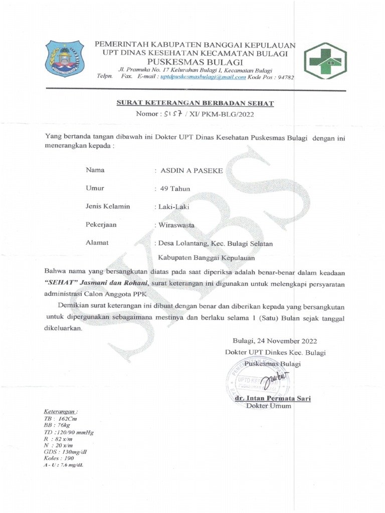 Contoh Surat Kesehatan | PDF