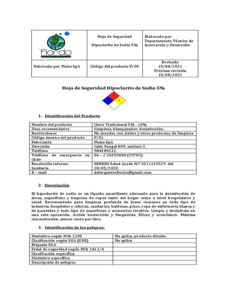 Hoja de Seguridad Hipoclorito de Sodio 5 y 10% | Descargar gratis PDF ...