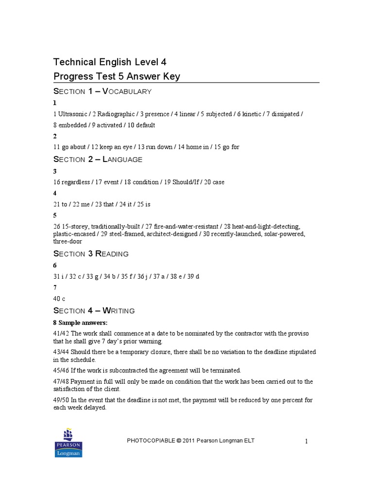 Technical English Level 4 Progress Test 5 Answer Key: PHOTOCOPIABLE ...