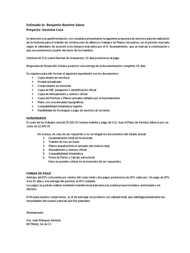 Estimado Sr. Benjamin Ramirez Sáenz Proyecto: Gestoría Casa: Honorarios | PDF