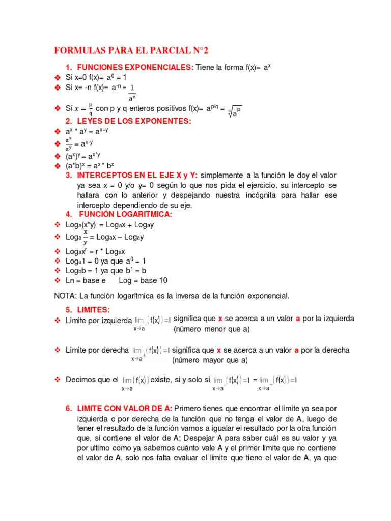 FORMULAS PARA EL PARCIAL N°2 Final | PDF | Logaritmo | Conceptos matemáticos
