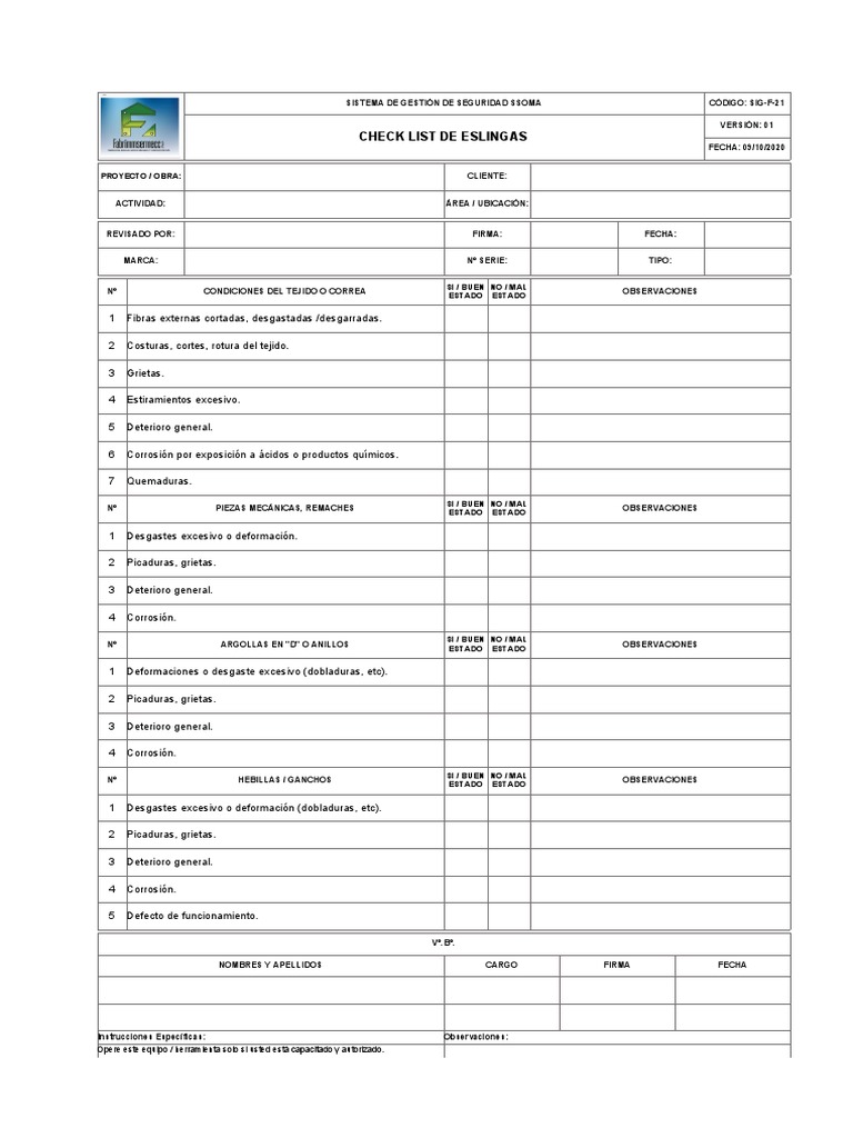 SIG-F-21 Check List Eslingas FABRIMMSERMECC | PDF | Materiales