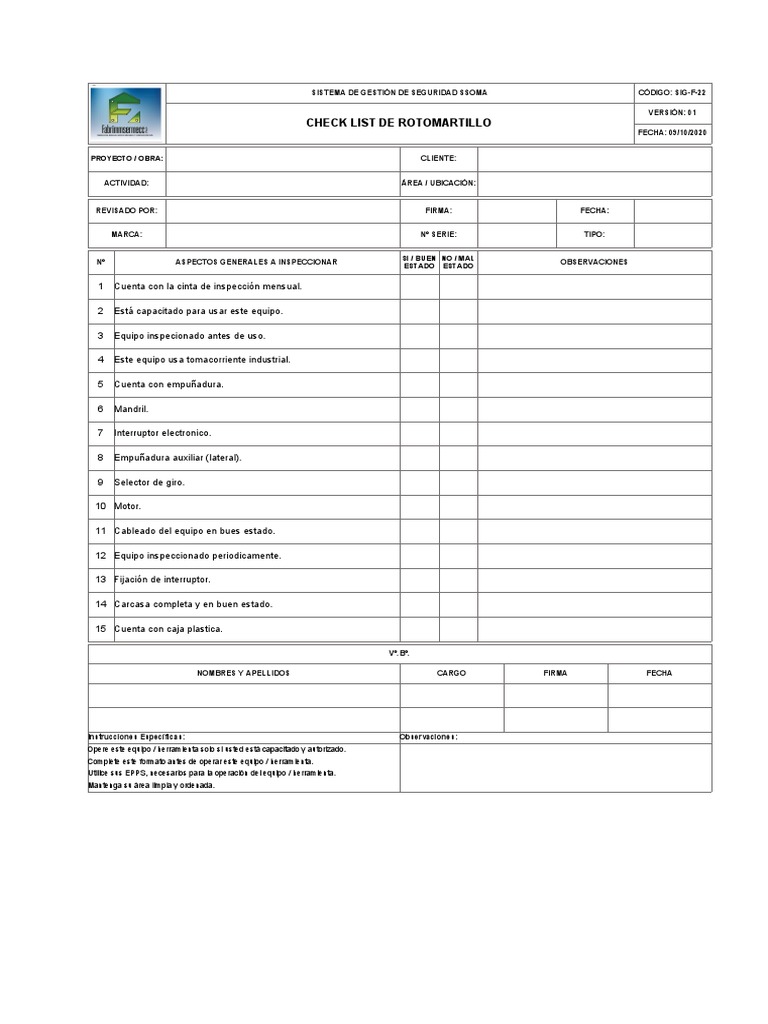 SIG-F-22 Check List Rotomartillo FABRIMMSERMECC | PDF