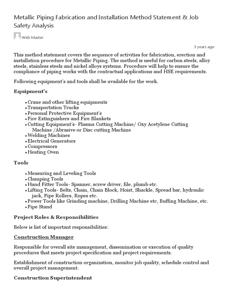 Piping Method Statement | Download Free PDF | Pipe (Fluid Conveyance ...