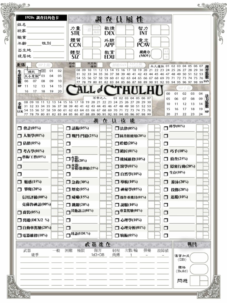 CoC7th 1920s調查員角色卡 | PDF