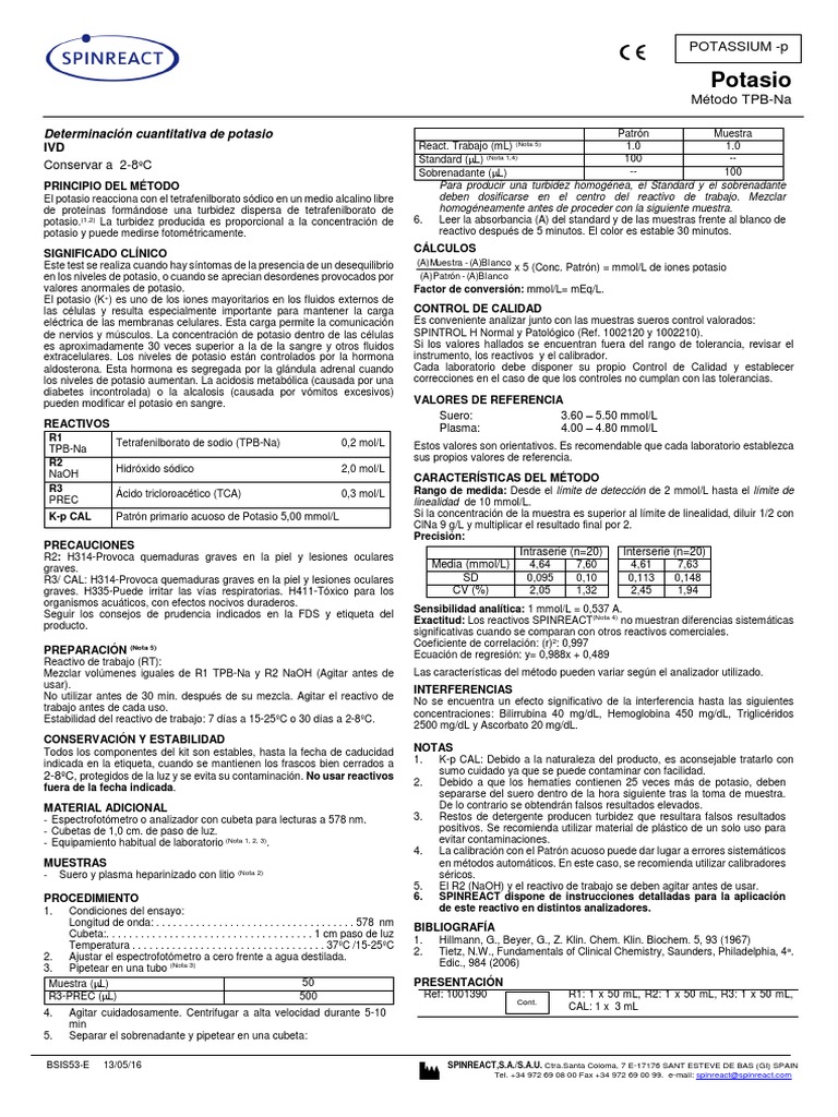 Inserto Spinreact Potasio 1001390 | PDF | Potasio | Química