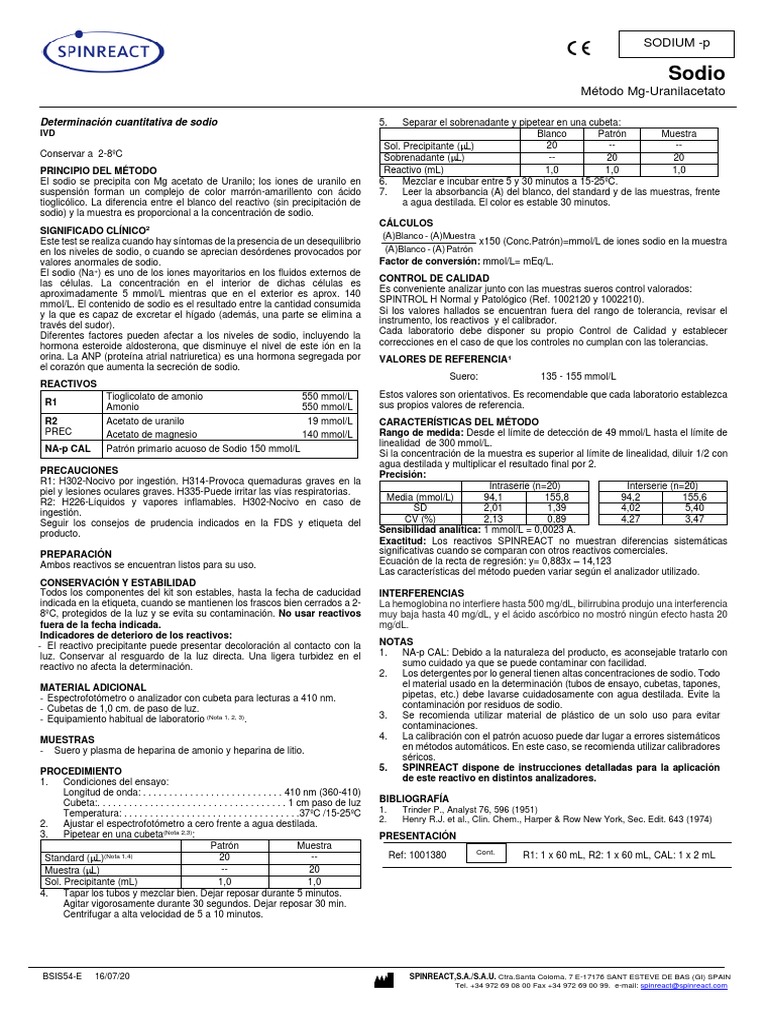 Inserto Spinreact Sodio 1001380 | PDF | Sodio | Química Física