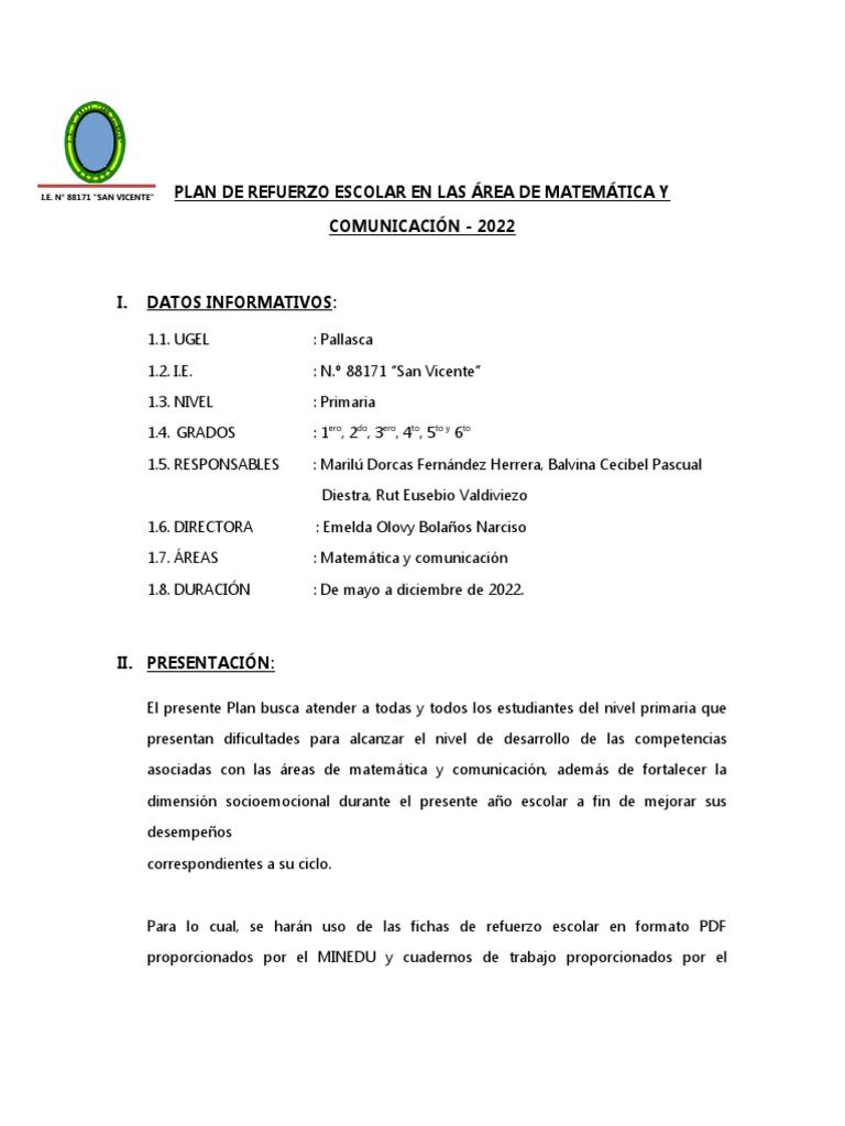 Plan De Refuerzo Escolar Pdf Educación Primaria