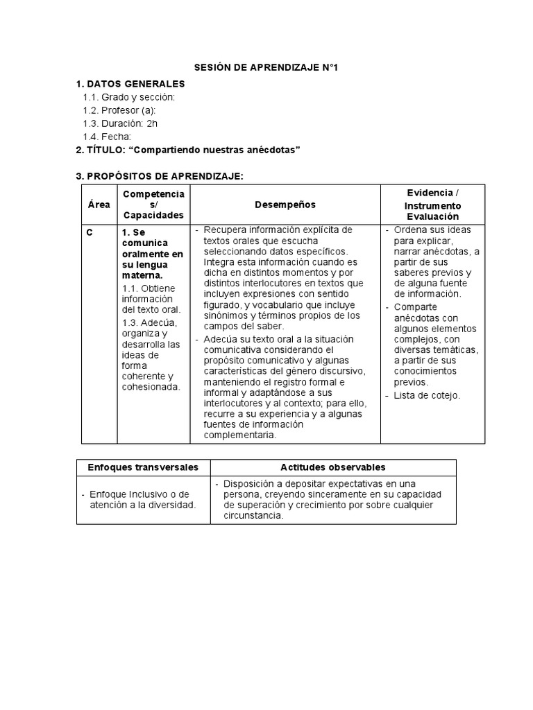 Sesión de Aprendizaje N 1 | Descargar gratis PDF | Aprendizaje | Evaluación