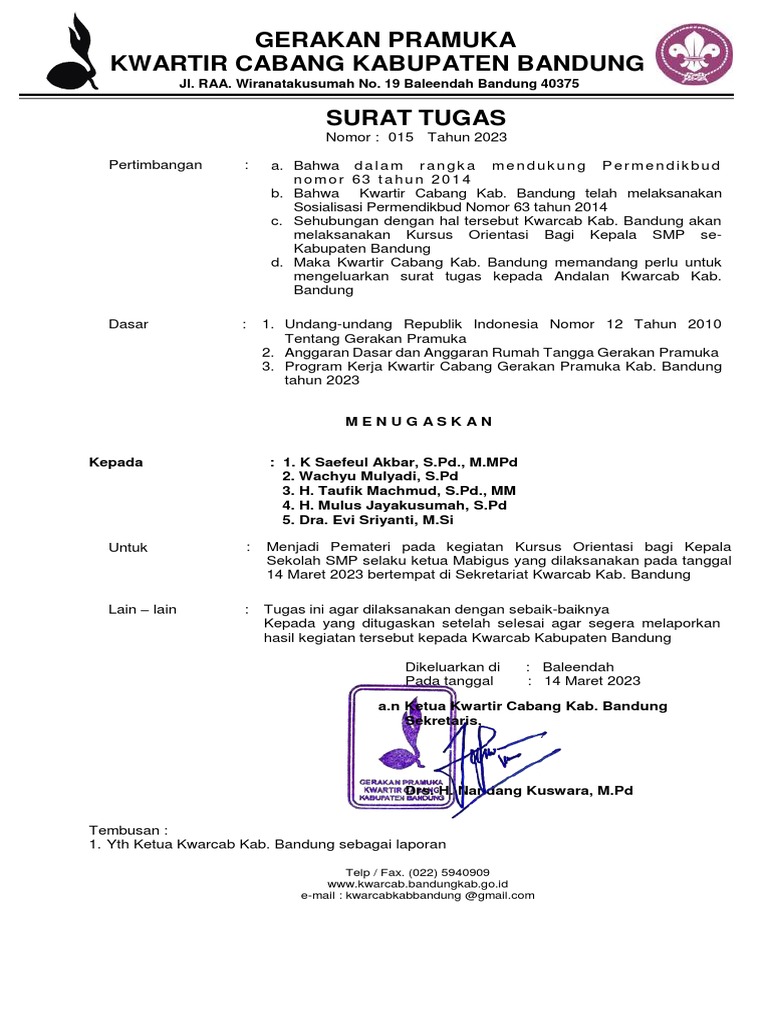 Surat Tugas Kursus Orientasi Kwarcab 2023 | PDF