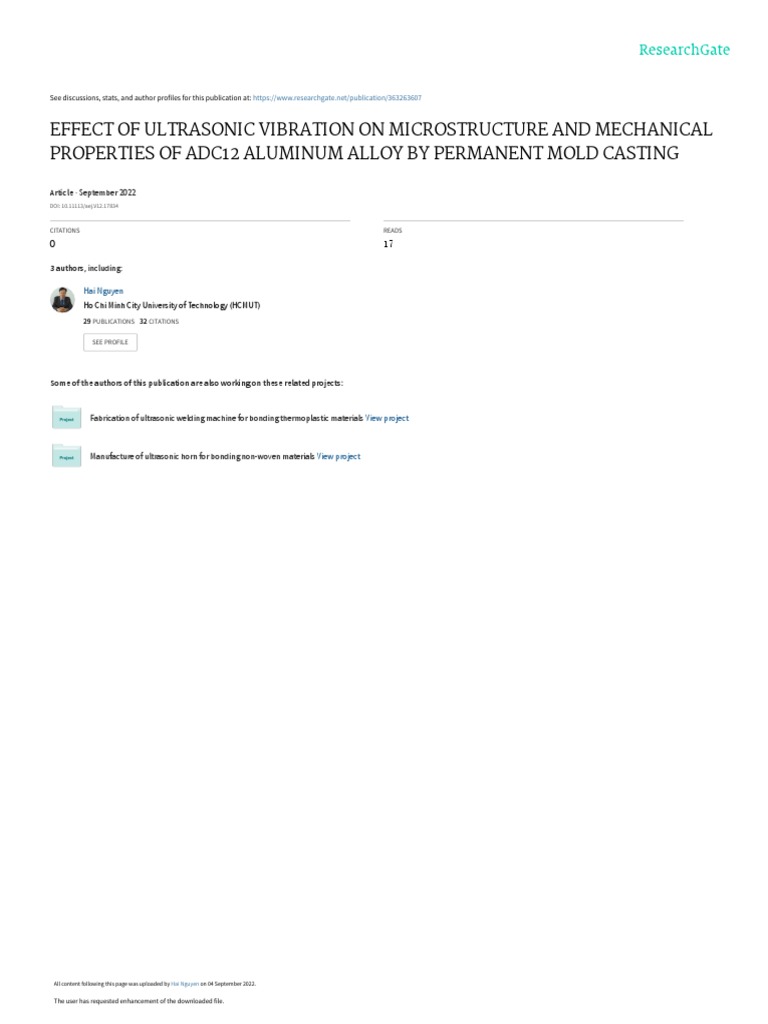 Effect of Ultrasonic Vibration On Microstructure and Mechanical Properties of Adc12 Aluminum ...
