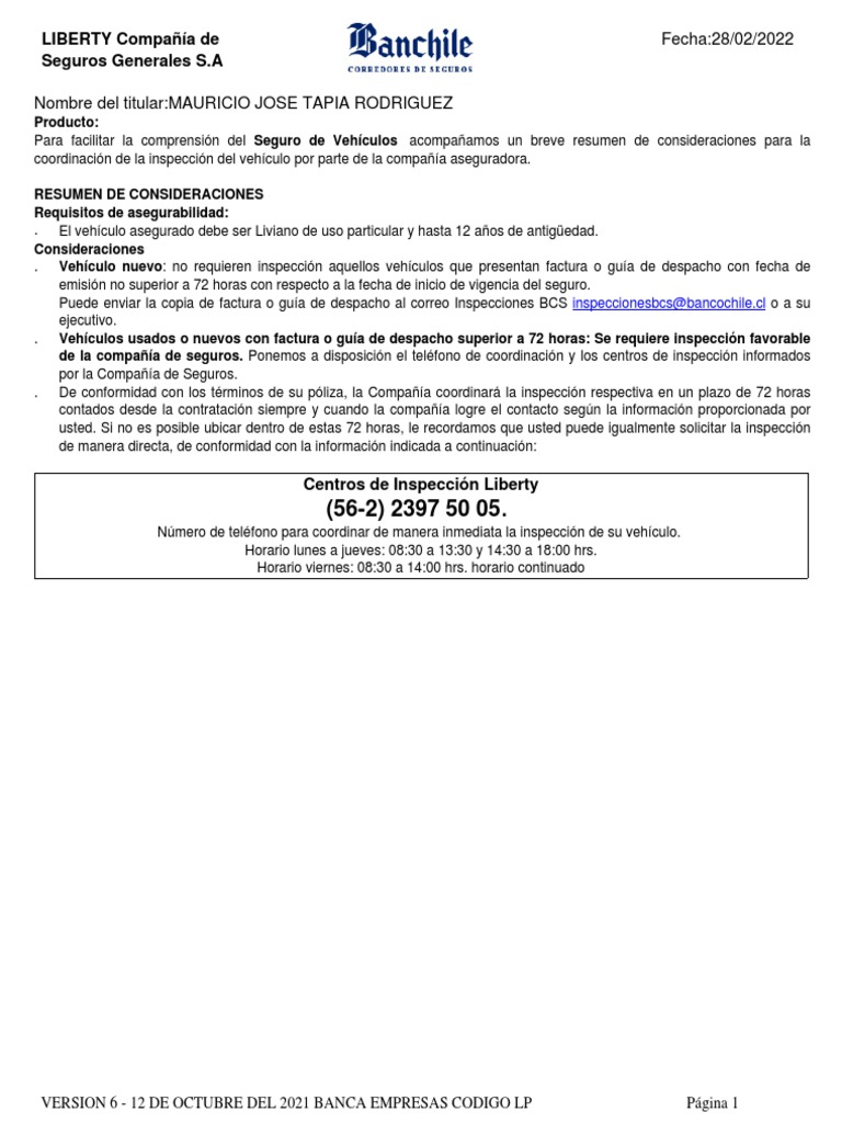 LIBERTY Compañía de Seguros Generales S.A: Fecha:28/02/2022 | Descargar gratis PDF | Seguro | Pagos