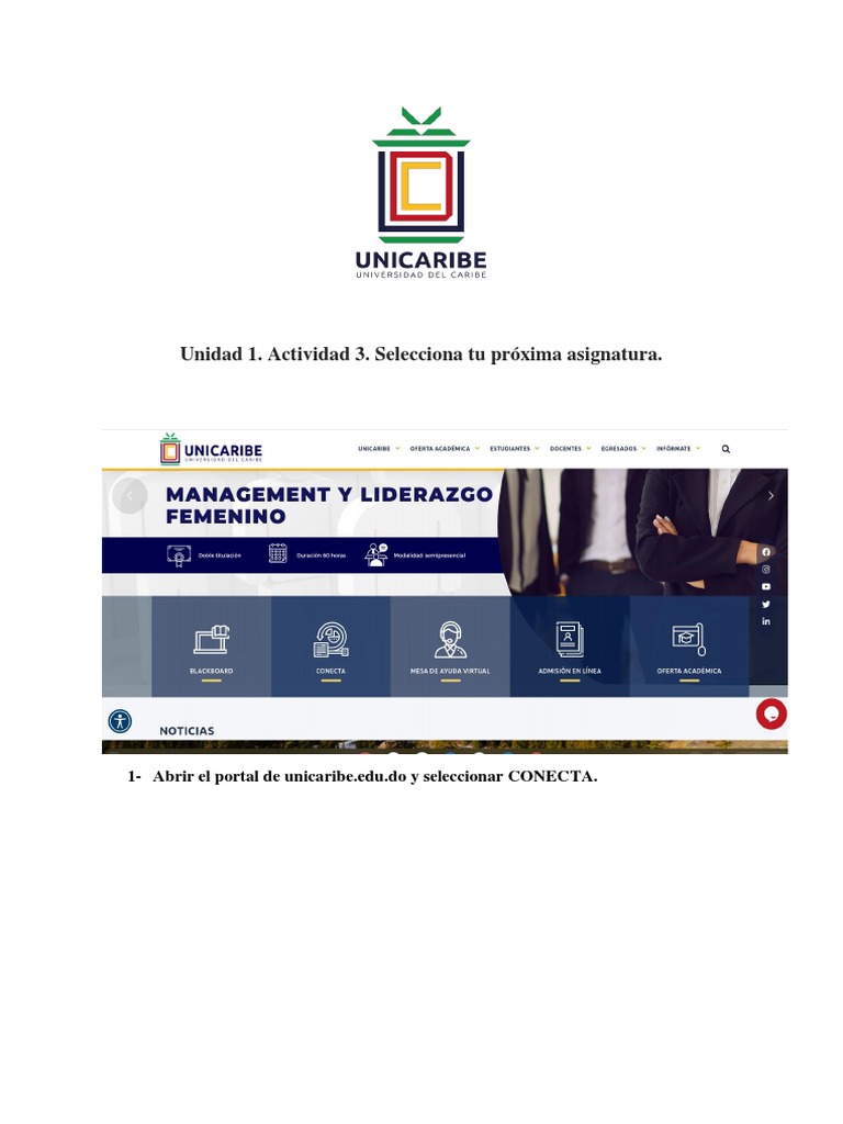 Unidad 1. Actividad 3. Selecciona Tu Próxima Asignatura.: 1-Abrir El Portal de Unicaribe - Edu ...