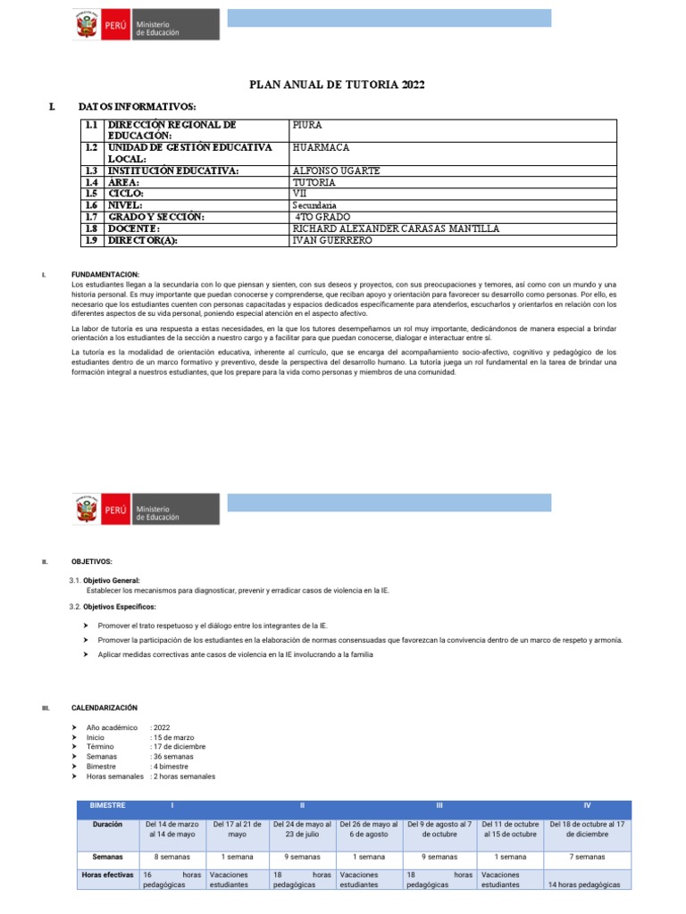 Plan Anual de Tutoria - 2022 - Ciclo Vii - Tercero y Cuarto Grado | PDF ... Plan Anual de Tutoria - 2022 - Ciclo Vii - Tercero y Cuarto Grado | PDF ...