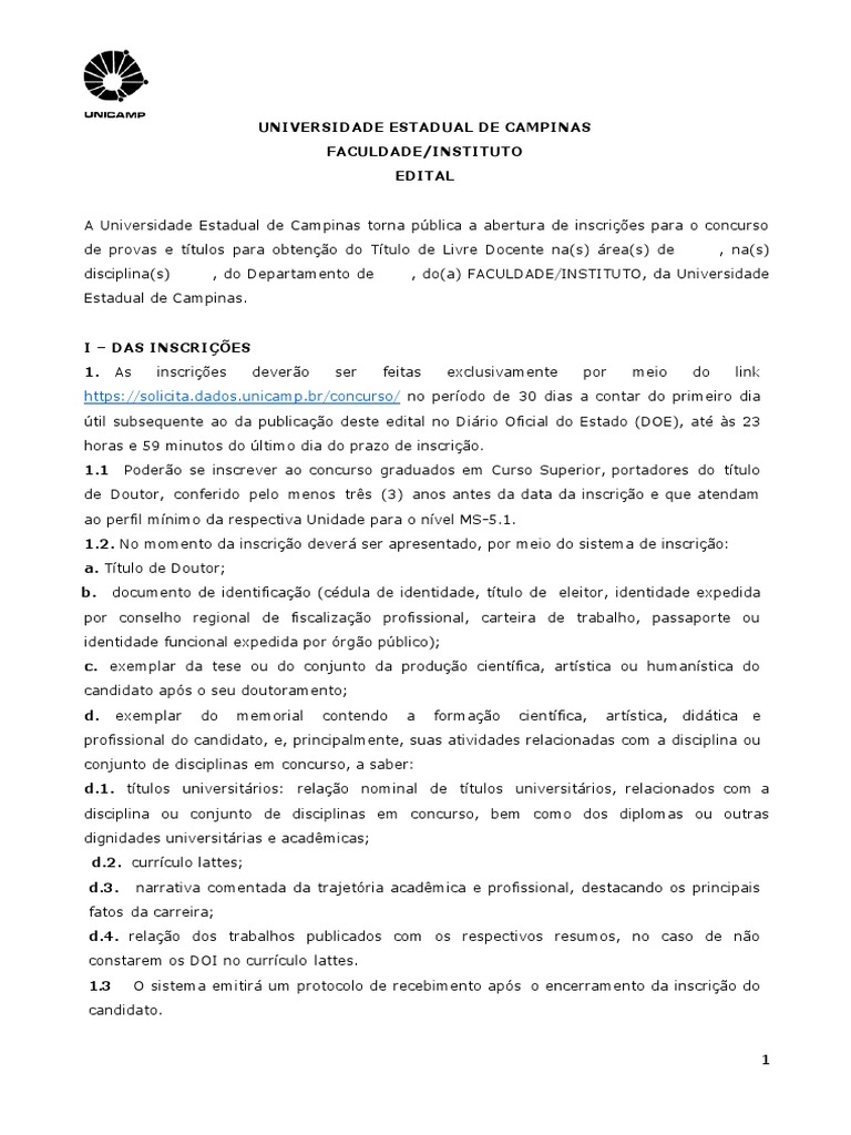 Modelo de Edital Livre Docente Com Prova Especifica de 15 08 2022 | PDF ...