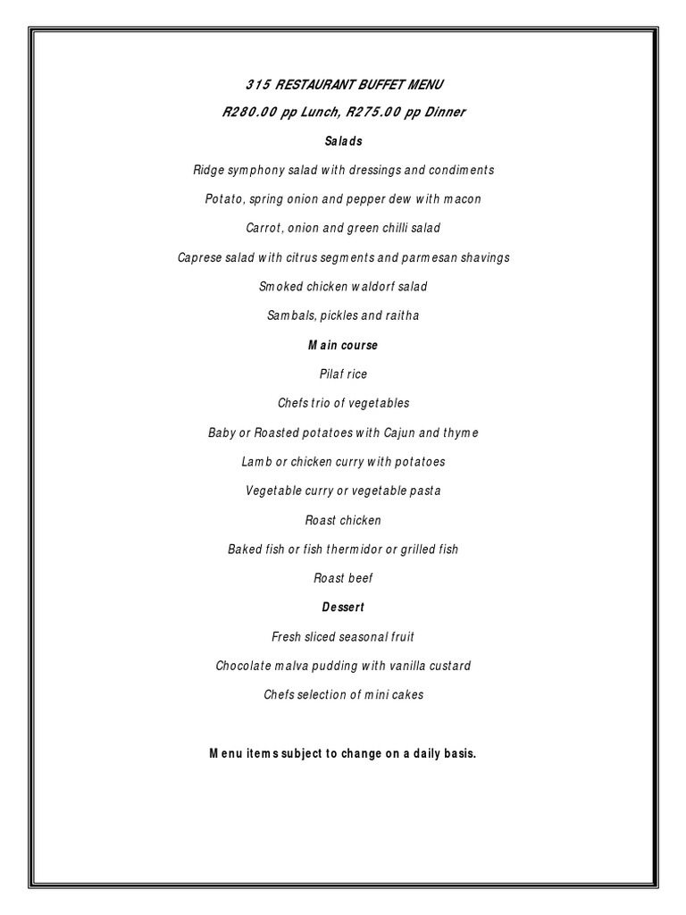 315 Restaurant Buffet Menu Overview | PDF | Cooking, Food & Wine