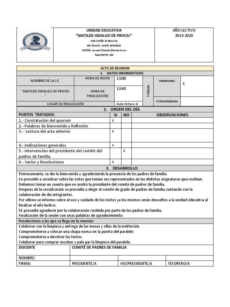 Acta de Reunion de Padres Matilde Final | PDF