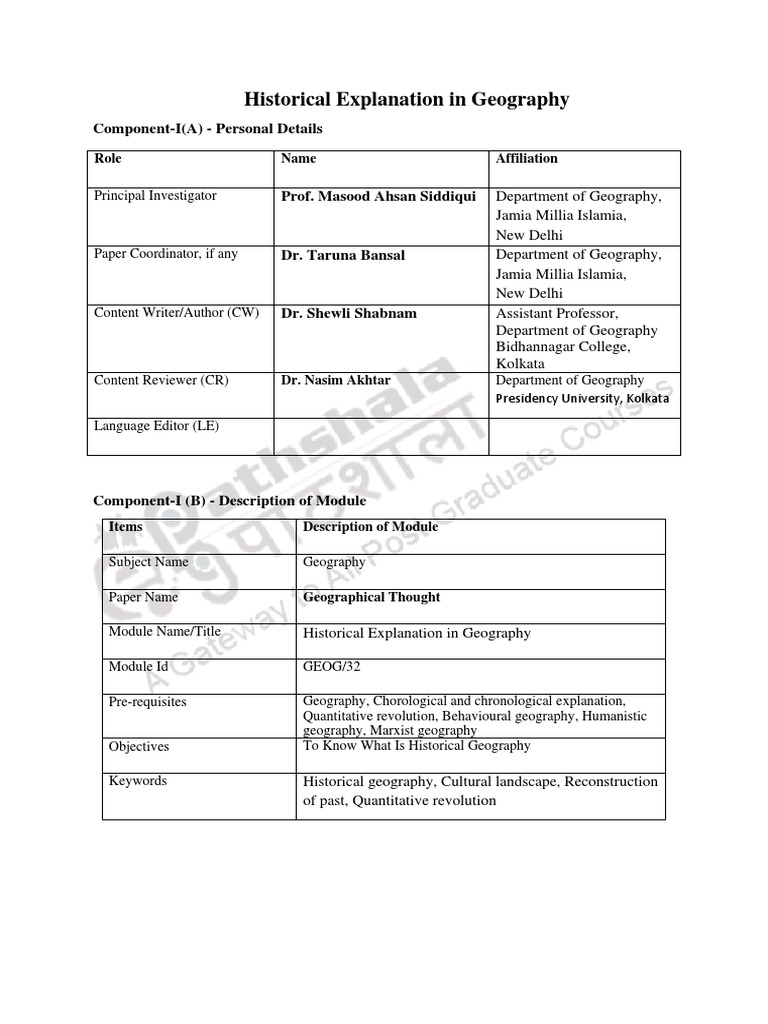 Historical Explanation in Geography: Component-I (A) - Personal Details ...