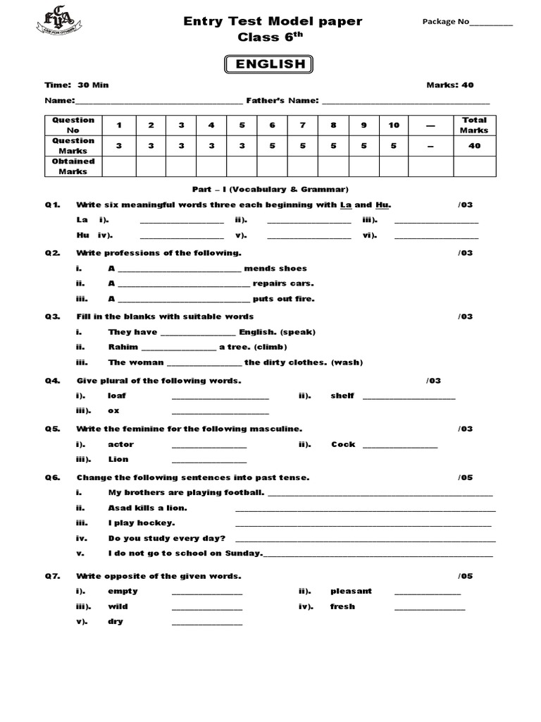 Entry Test Model Paper Class 6 English: Package No | PDF | Languages ...