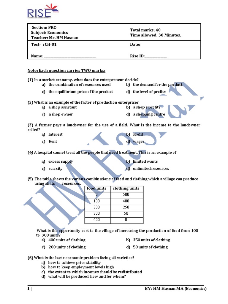 PRC- Total marks: 40 Subject: Economics Test- : CH-01 Date: Name