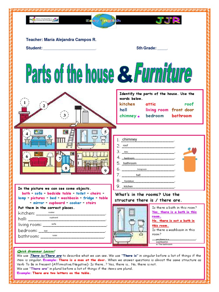 Student Worksheet: Identifying Parts of a House and Items in Different ...