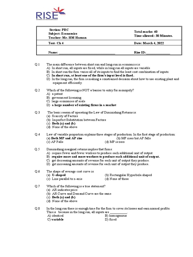 Economics Test Chapter 4 | PDF | Oligopoly | Monopoly