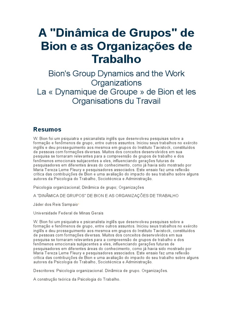 A Dinâmica de Grupos de Bion e As Organizações de Trabalho (SCIELO ...