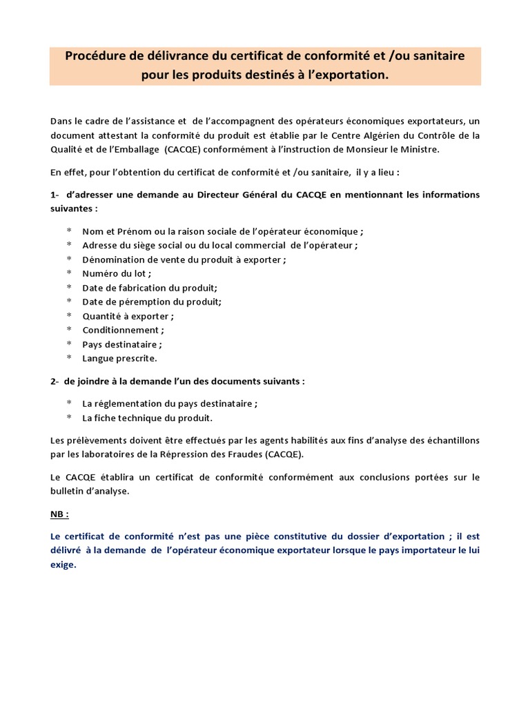 Procédure de Délivrance Du Certificat de Conformité Et /ou Sanitaire Pour Les Produits Destinés ...