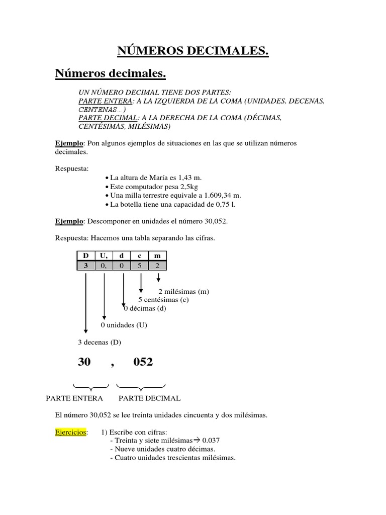 Resumen de Los Numeros Decimales | PDF | Decimal | Matemáticas