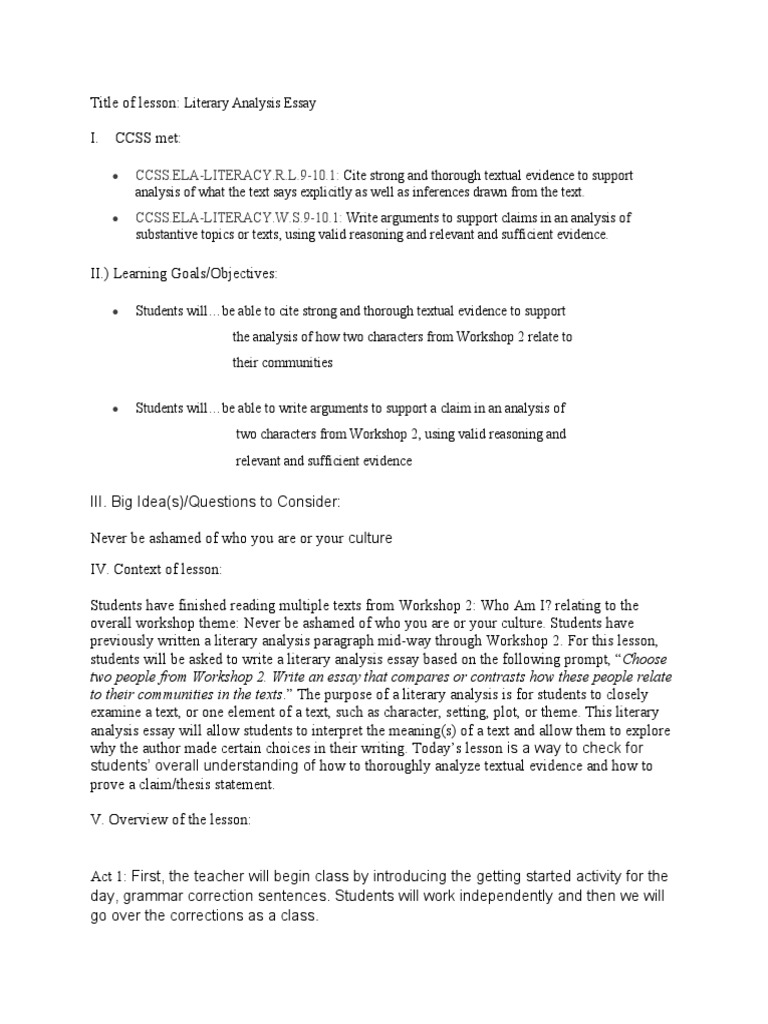 Literary Analysis Lesson Plan | PDF | Essays | Literary Criticism