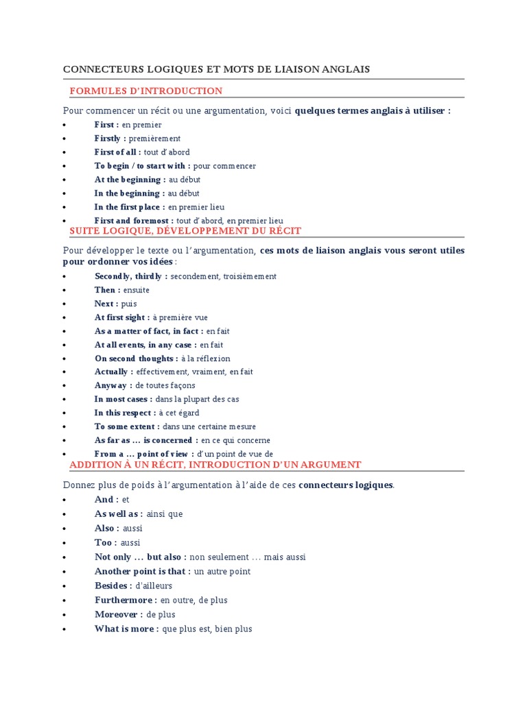 Connecteurs Logiques Et Mots de Liaison Anglais | PDF