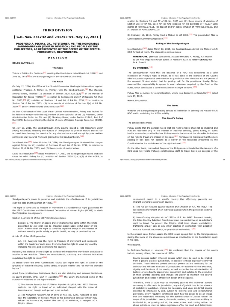 Pichay, Jr. v. Sandiganbayan | PDF | Bail | Freedom Of Movement