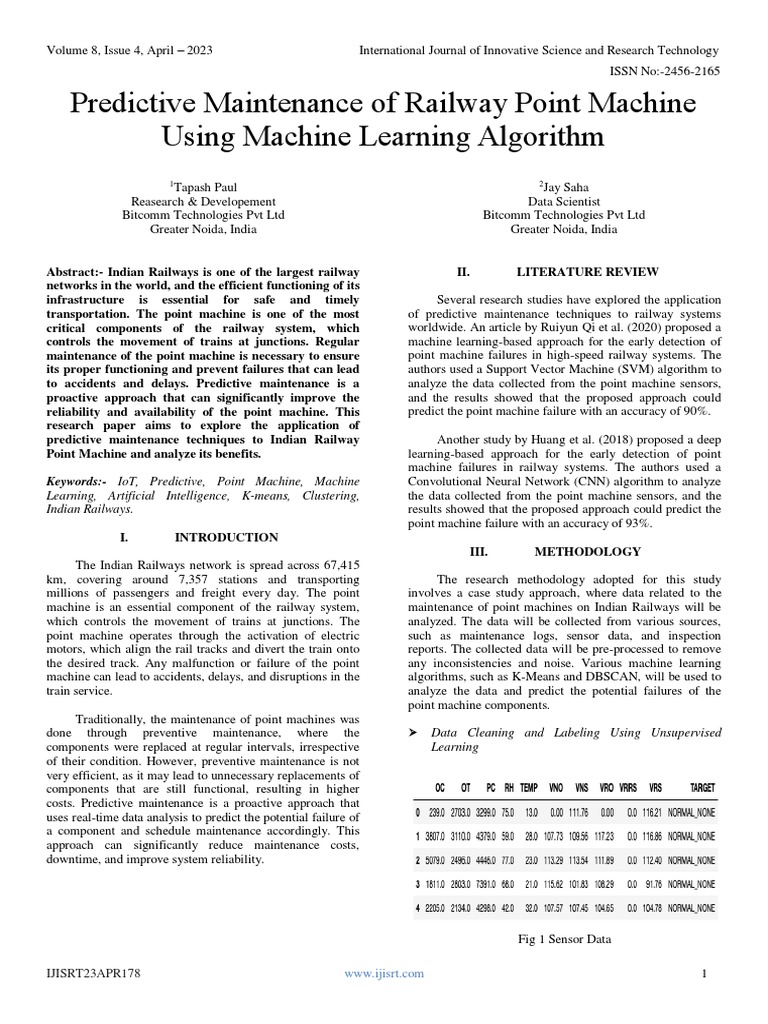 Predictive Maintenance of Railway Point Machine Using Machine Learning Algorithm | PDF | Machine ...