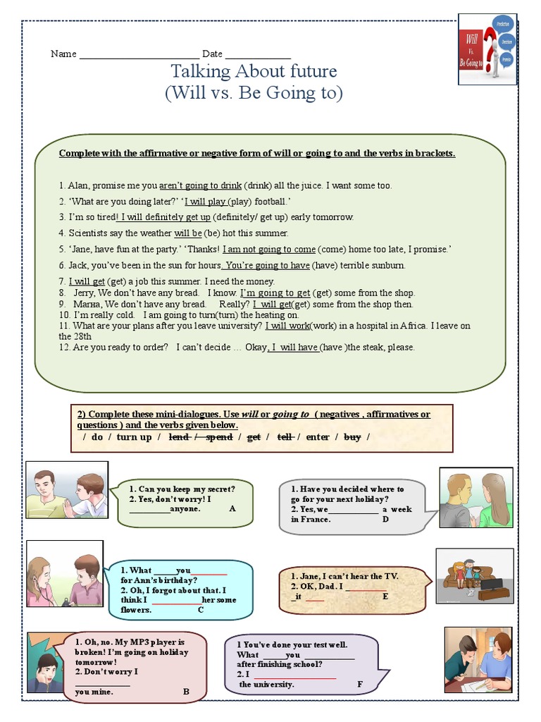 Will vs. Going To Exercises Worksheet | PDF