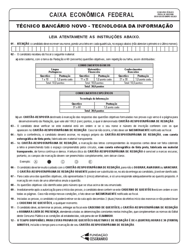 Cesgranrio 2021 Caixa Tecnico Bancario Novo Tecnologia Da Informacao ...