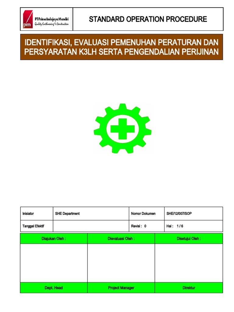 SHE SOP Identifikasi, Evaluasi Peraturan Dan Persyaratan K3LH Serta Pengendalian Perijinan | PDF
