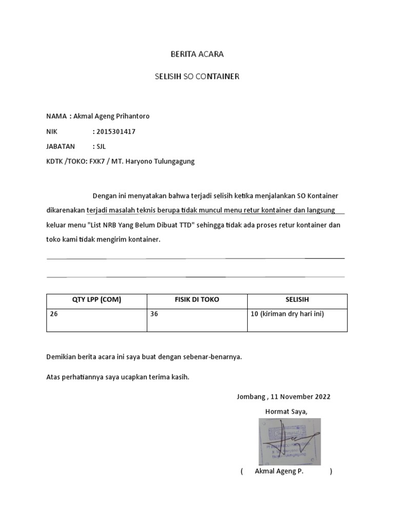 Selisih SO Container di Alfamart | PDF