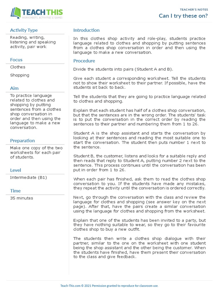 CLOTHES STORE Worksheet | PDF